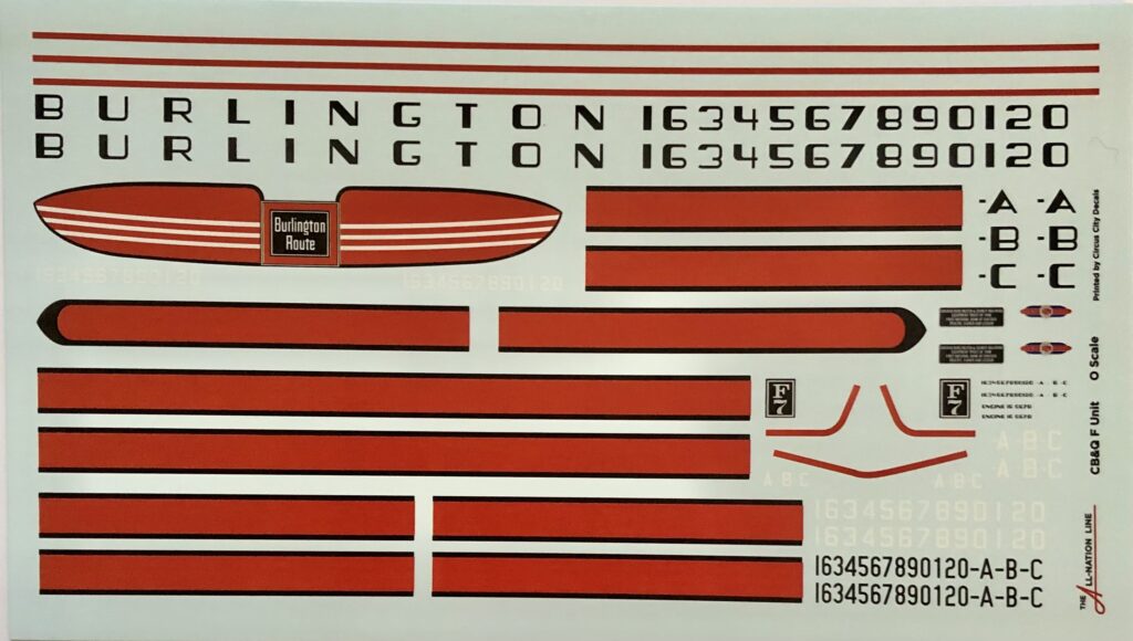 All Nation F7A OR F7B Unit Chicago Burlington & Quincy O Scale Decal PN ...